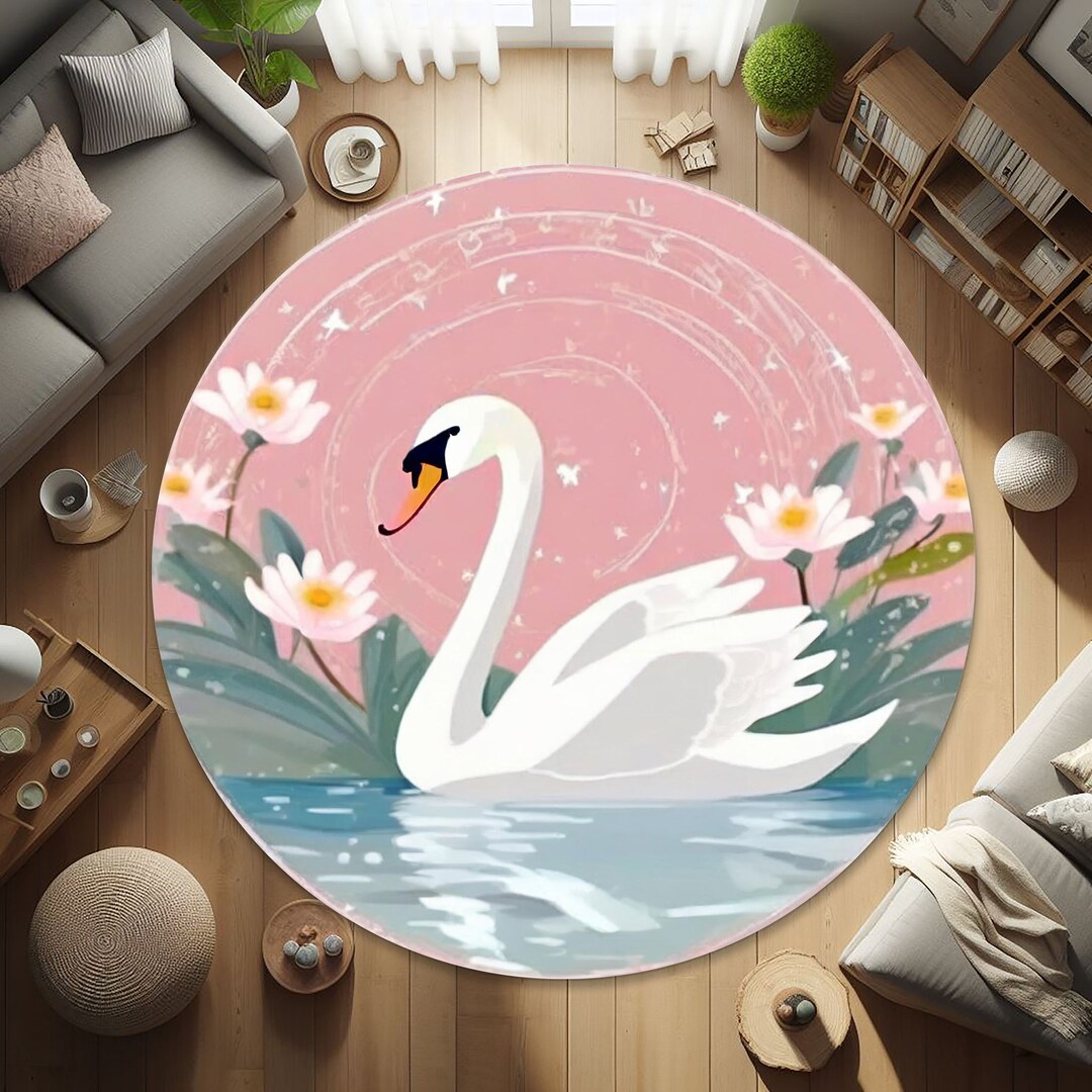 Pink Round Kids Rug, White Swan Design Rug, Pink Baby Rug, Pink Swan ...