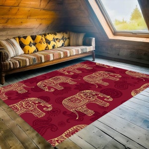 Red Elephant Pattern Rug, Boheme Deisgn Rug, Ethnic Rug, Red Design Rug ...