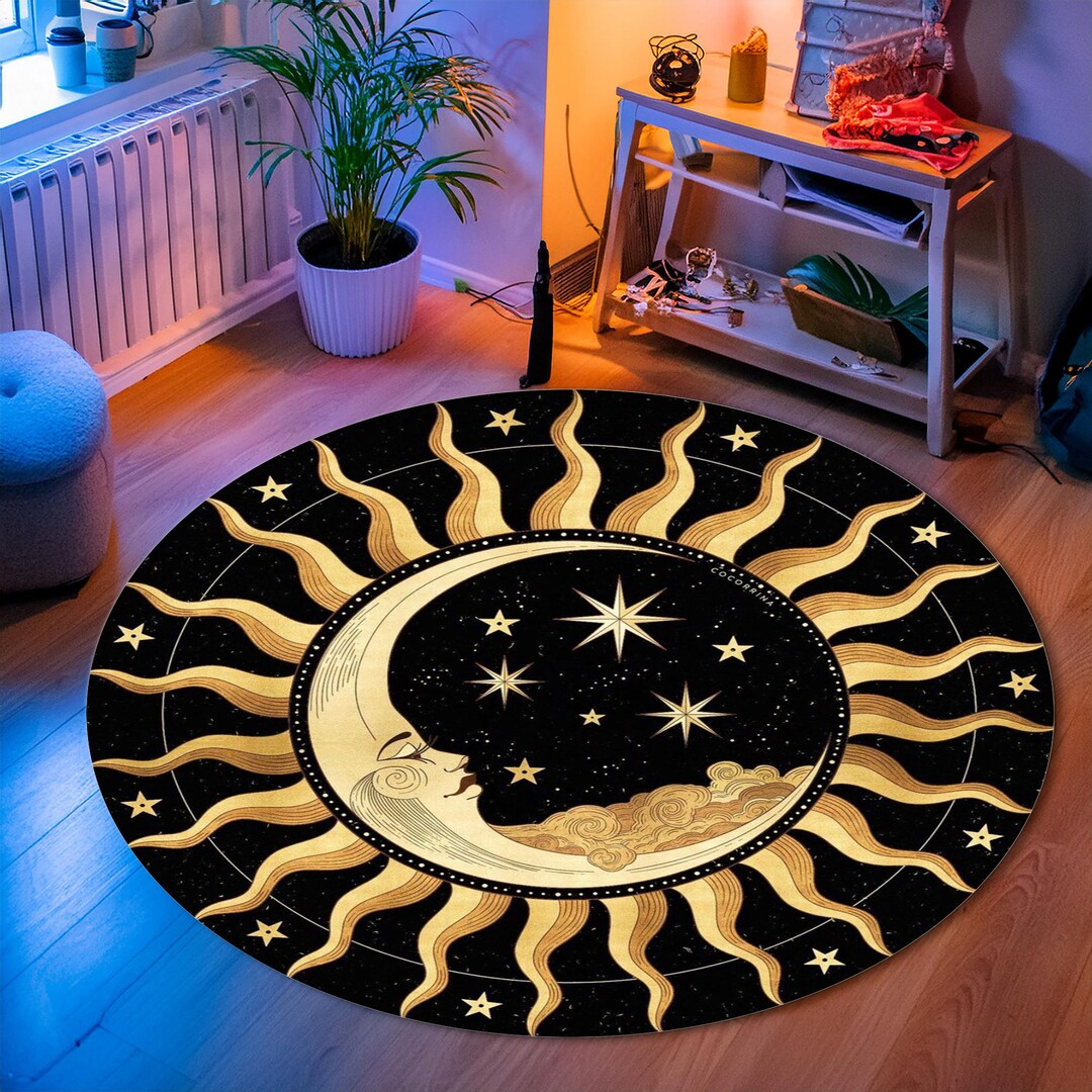 Sun and Moon Round Rug, Gold Moon Rug, Gold Sun Rug, Round Rug ...