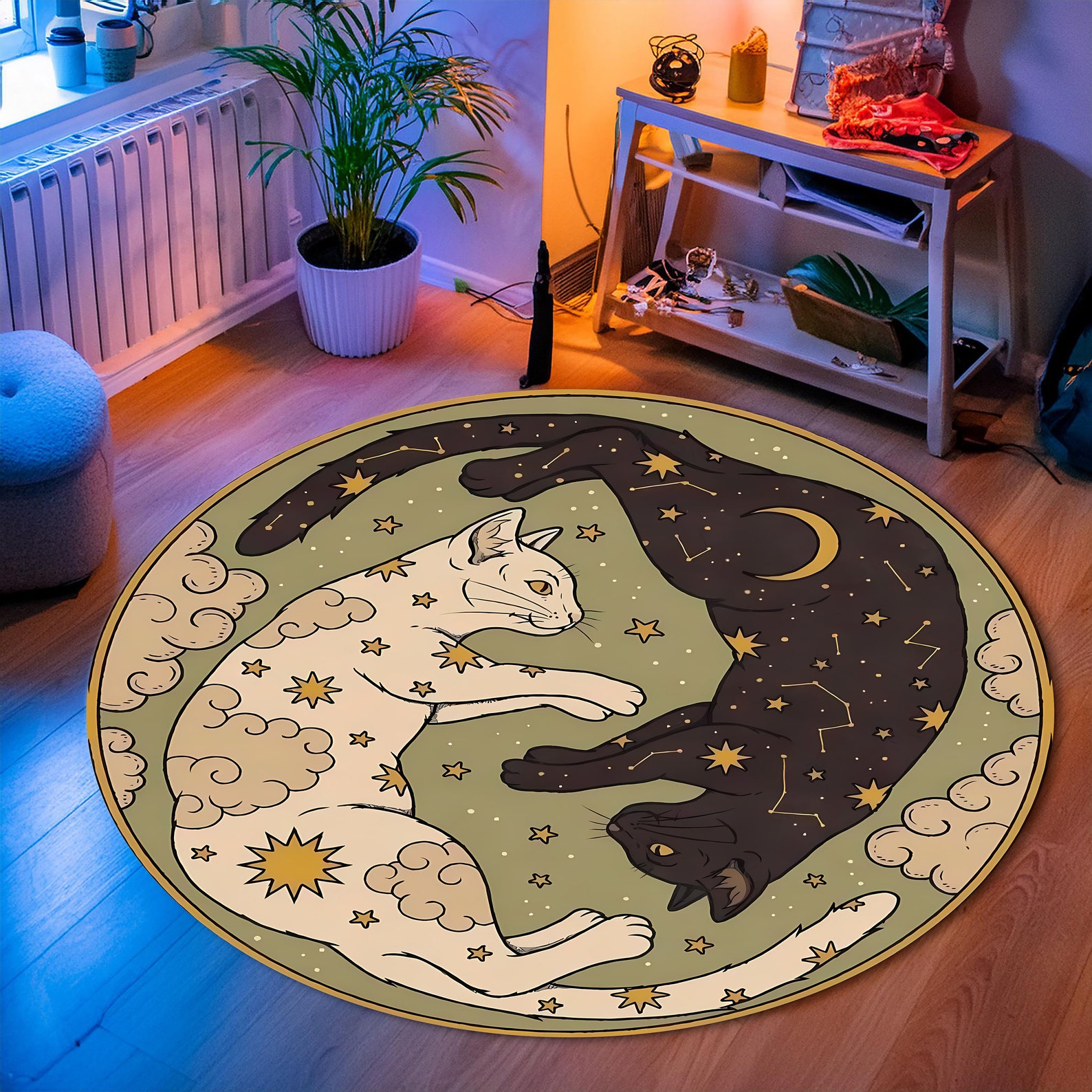 Cat Round Rug, Moon Cat Rugs, Animal Rug, Boho Rug, Round Rug ...