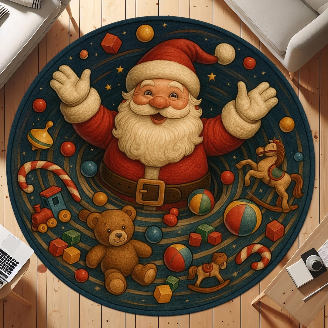 Round Christmas Rug With Santa Claus Surrounded by Toys, Candy Canes ...