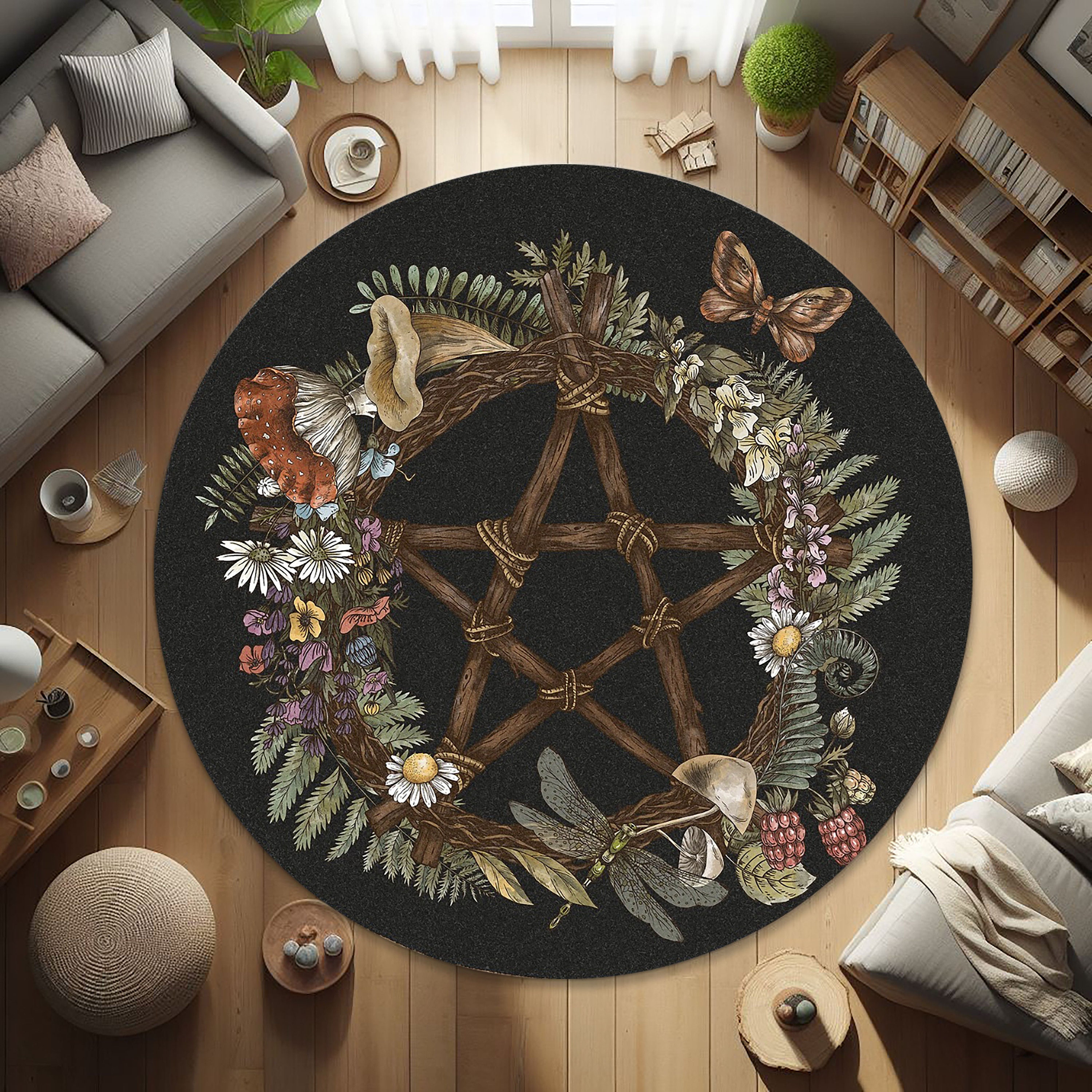 Nature Pentacle Round Rug, Wood Themed Round Rug, Psychedelic Gothic ...