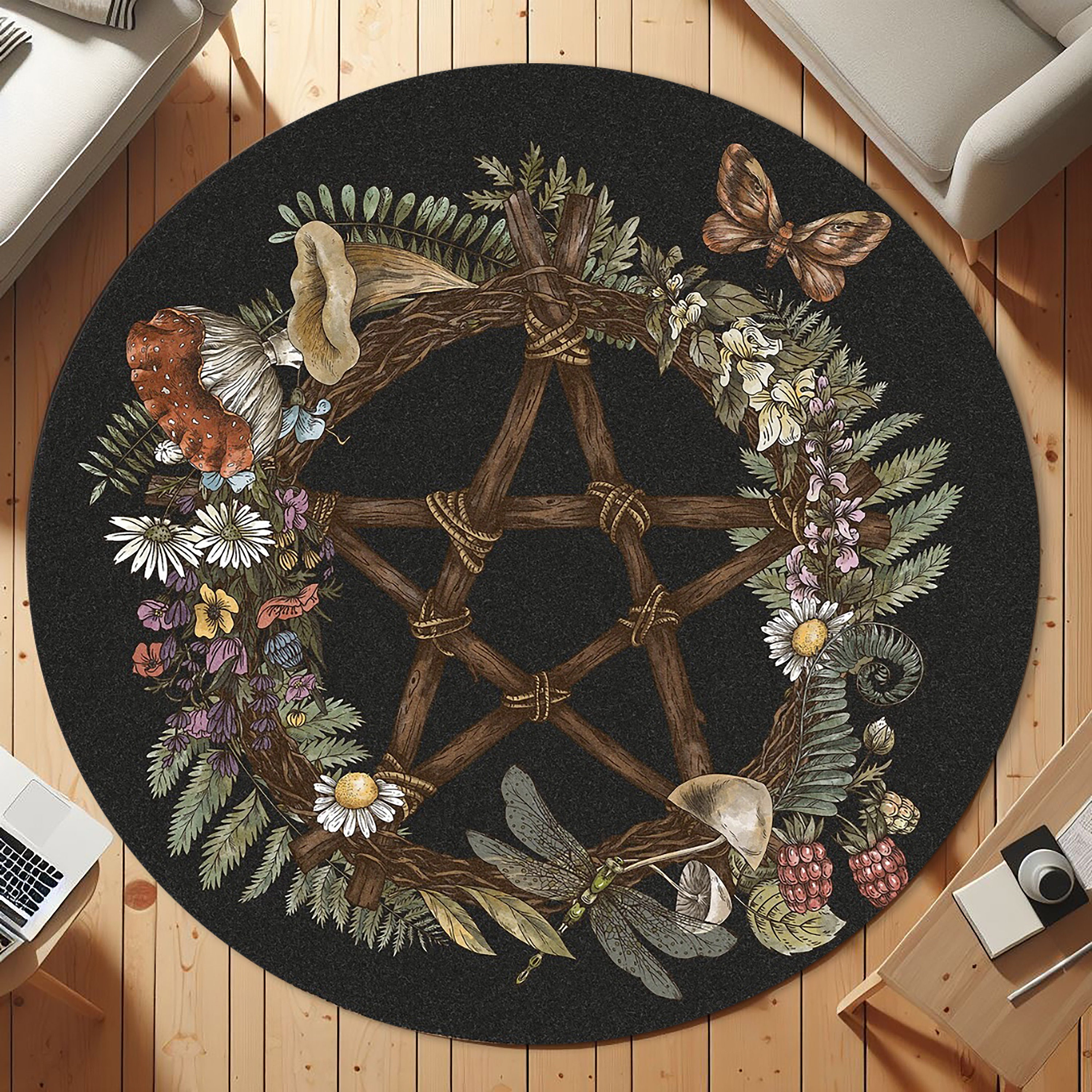 Nature Pentacle Round Rug, Wood Themed Round Rug, Psychedelic Gothic ...
