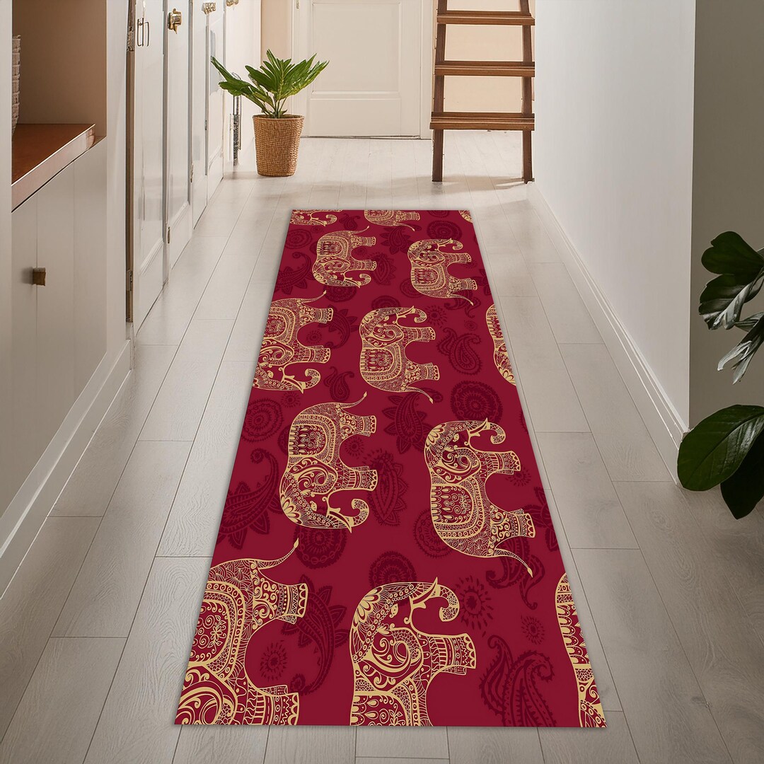 Elephant Runner Rug for Hallway, Red Pattern Runner Rug, Animal Pattern ...