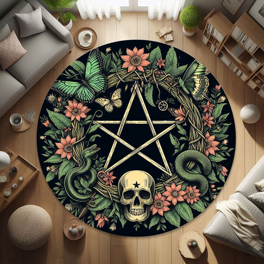 Nature Pentacle Round Rug, Wood Themed Round Rug, Psychedelic Gothic ...