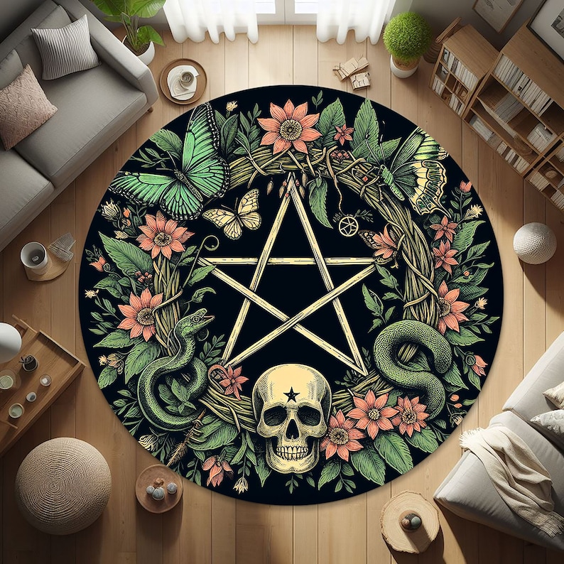 Nature Pentacle Round Rug, Wood Themed Round Rug, Psychedelic Gothic ...