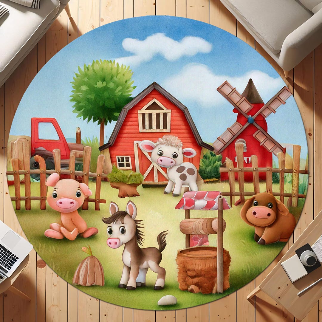 Farm Animals Round Rug, Farm Nursery Rug, Kids Play Room Rug, Barnyard ...