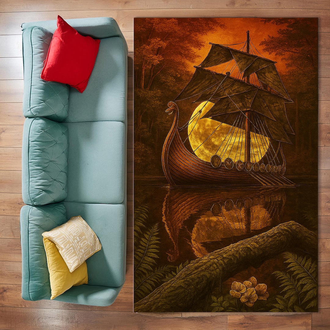 Viking Ship Moon Rug, Norse Mythology Fantasy Carpet, Nordic Longboat ...