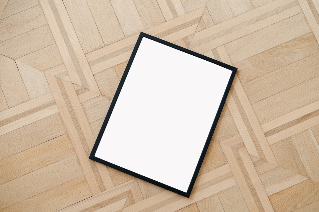 Black Frame Vertical Mockup on Wooden Background. Minimalist Digital ...