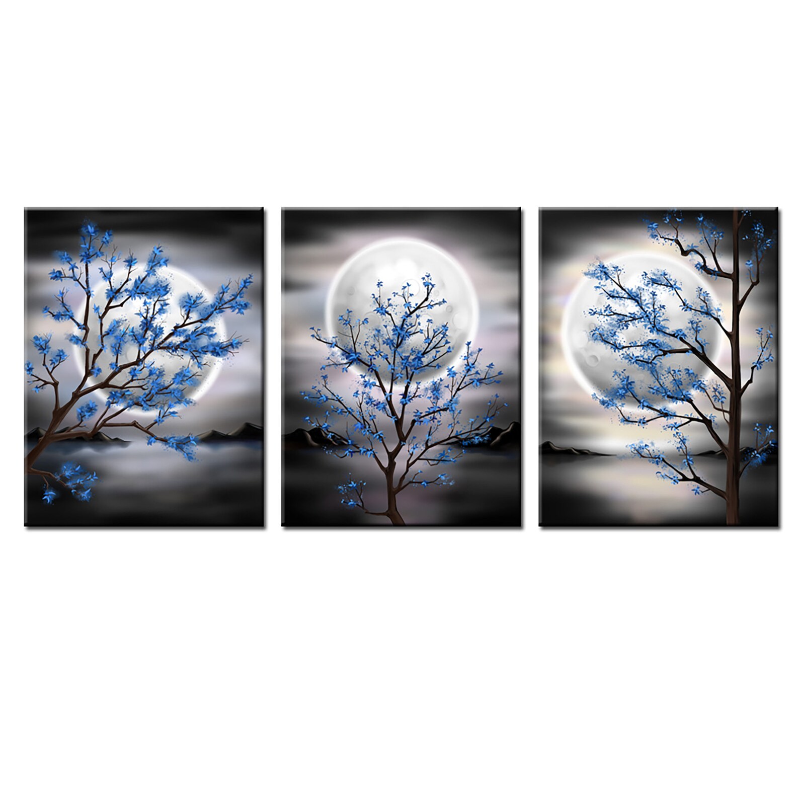 3 Piece Moon Canvas Wall Art Modern Abstract Blue Tree with | Etsy
