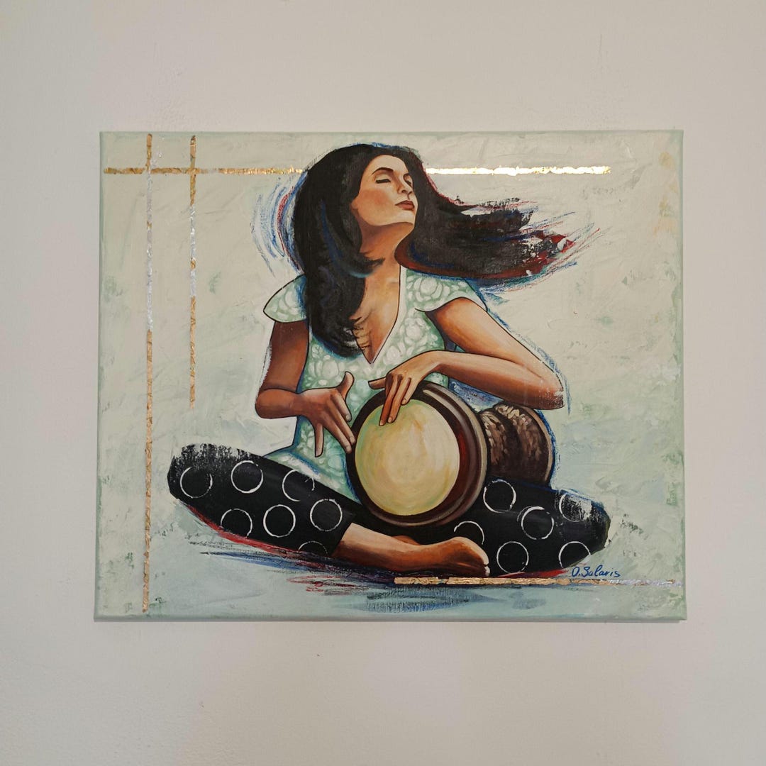 Woman Playing Djembe Drum Original Acrylic Painting on Canvas 50x60 Cm ...