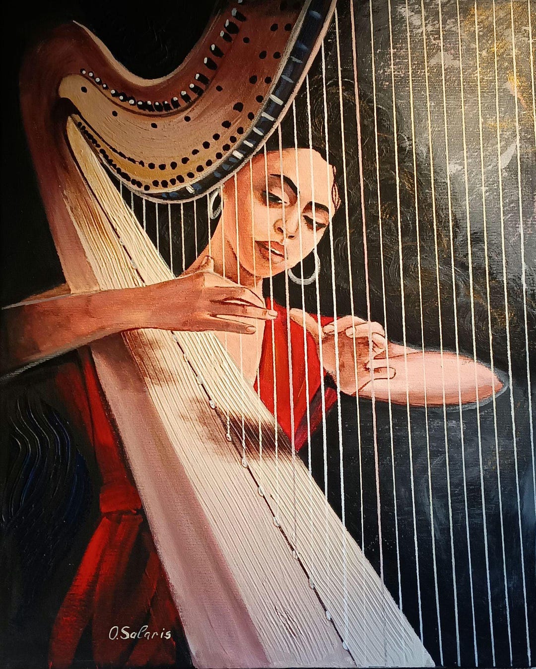 Harpist Original Oil Painting on Canvas, Woman Playing Harp Art ...