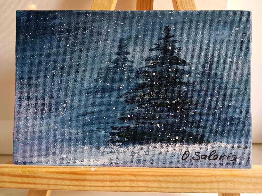 Winter Scene Landscape Mini Canvas Original Acrylic Painting, Snowfall ...