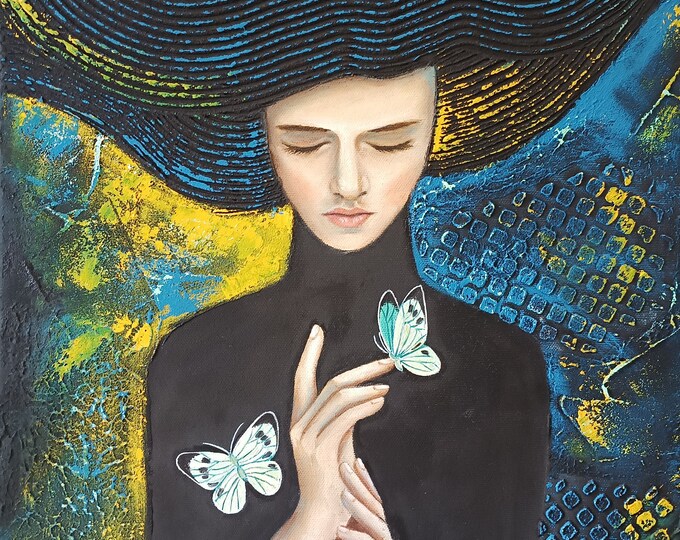 Original Oil Painting of Woman With Butterflies on Canvas, , Woman ...