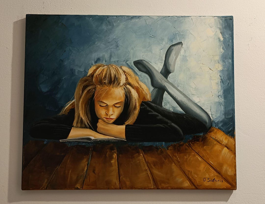 Original Oil Painting of Girl Reading the Book, Female Portrait ...