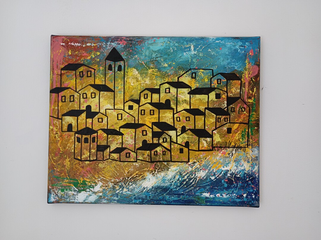 Abstract Acrylic Cityscape Painting on Canvas, Sunny Town Delight ...