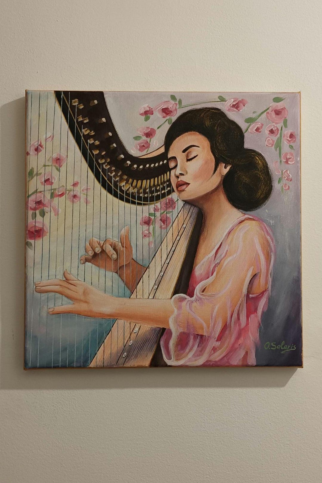Harpist Original Acrylic Painting on Square Canvas 40x40 Cm, Emotional ...