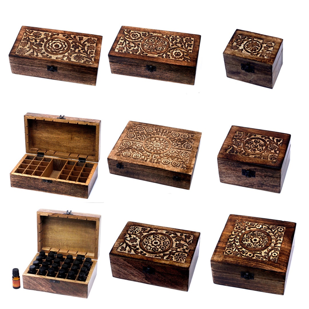 Essential Oil Floral Storage Box Mango Wood Wooden Carving Trinket ...