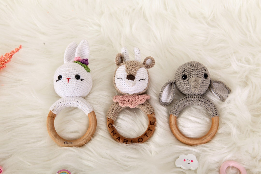 Personalized Baby Rattle - Wooden Baby Ring - Baby Shower Gift - Bunny ...