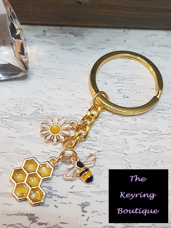 Bee Flower Honeycomb Keyring gold Colour birthday Loved | Etsy