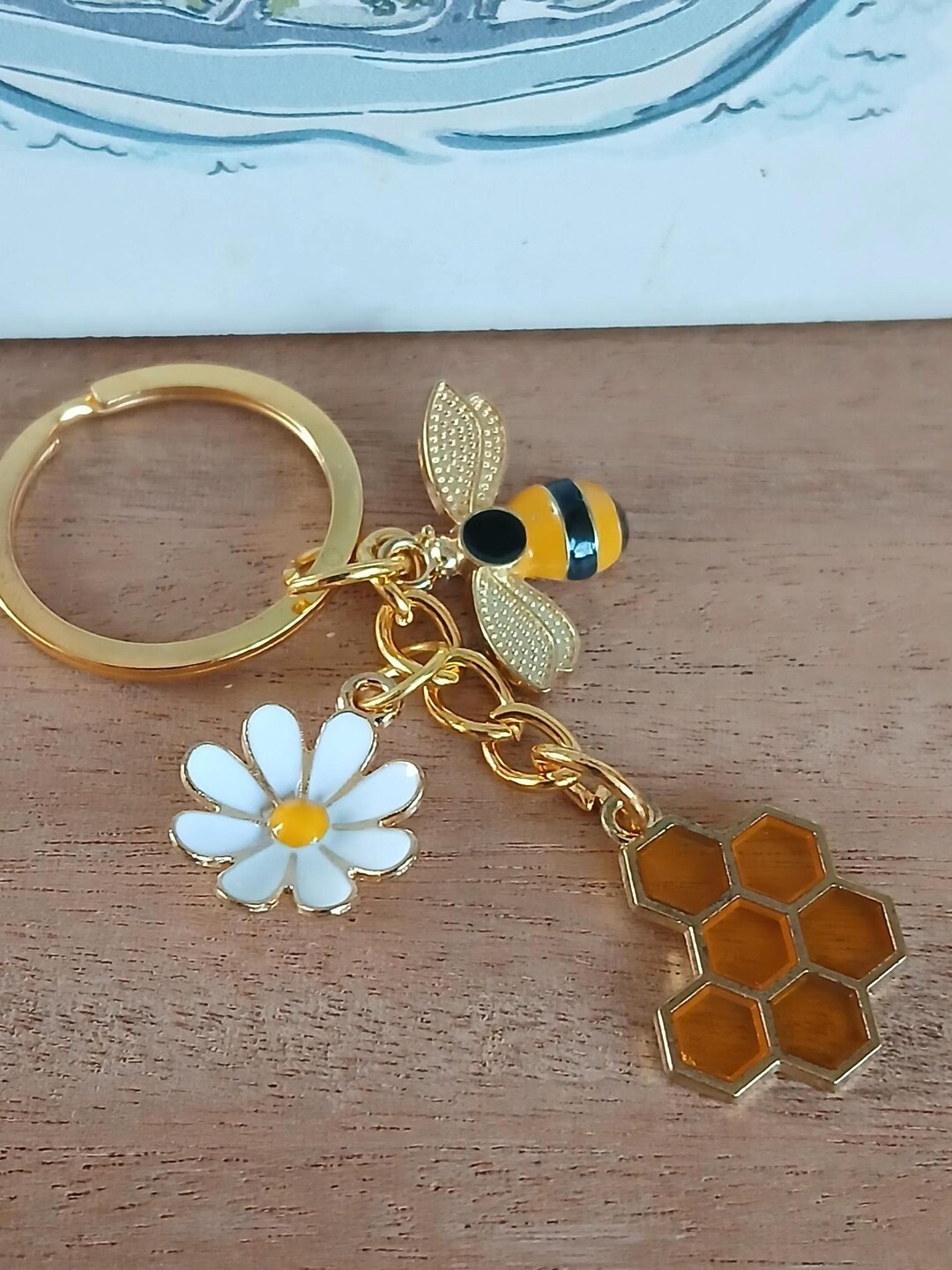 Bee, Flower, Honeycomb Keyring (gold Colour) (birthday, Loved One ...