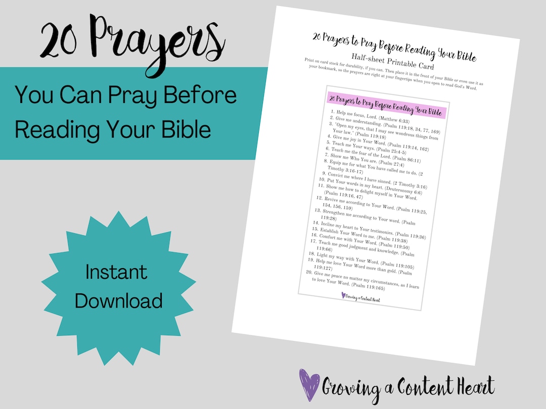20 Prayers to Pray Before Reading the Bible Printable Bookmark, Card ...