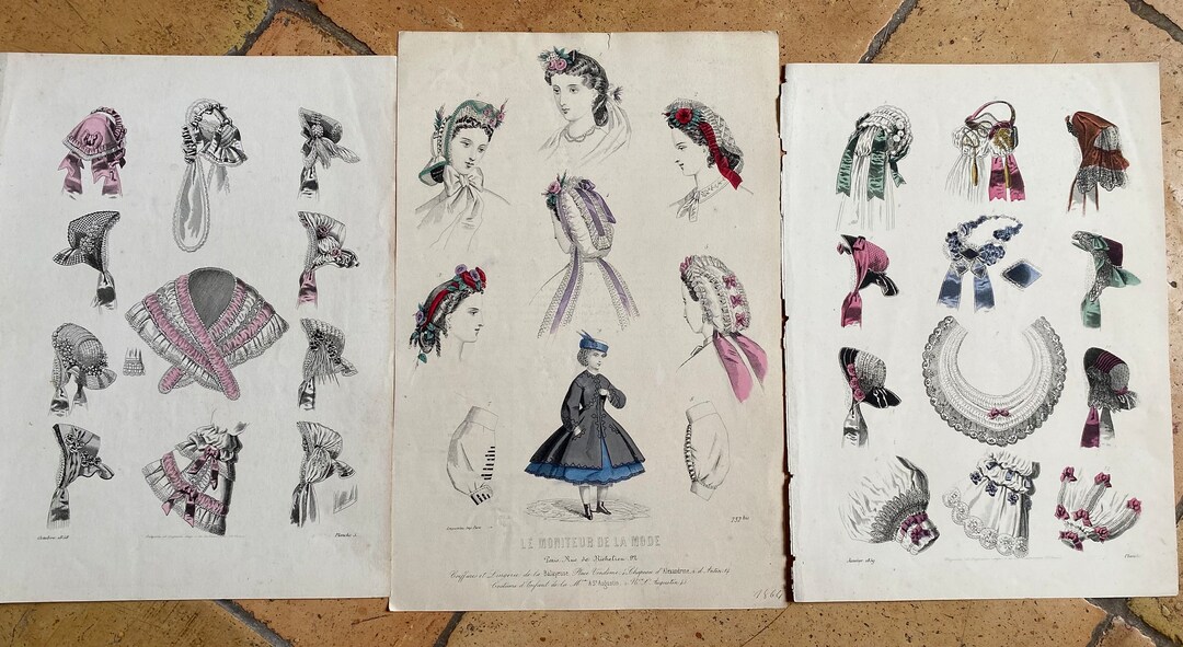 NEW STOCK 3 Lovely 1864 Antique Collection of French Ladies Hats ...
