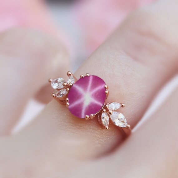 Elegant Pink Star Ruby Ring Sterling Silver Engagement Rings | Etsy
