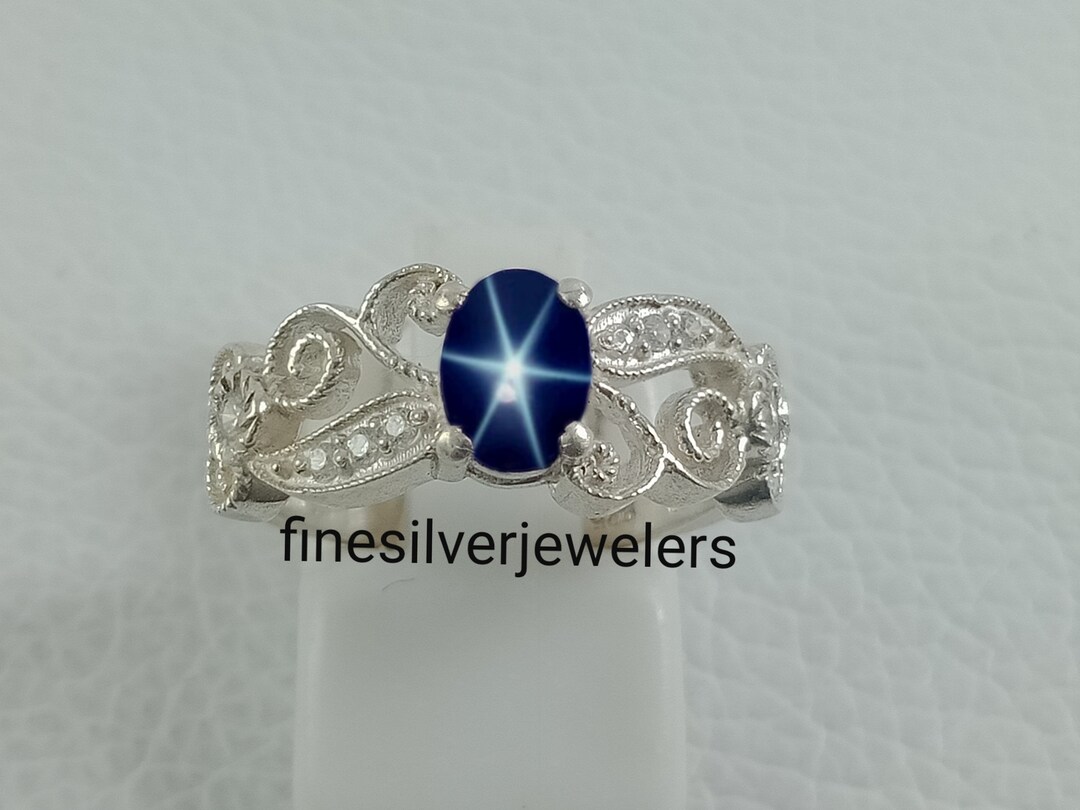 Genuine 6 Ray Blue Sapphire Star Ring 925 Sterling Silver Ring Blue ...