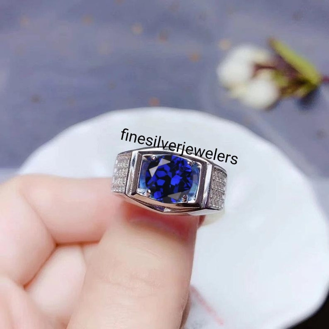 Men's Sapphire Ring September Birthstone Blue Gemstone Round Cut ...