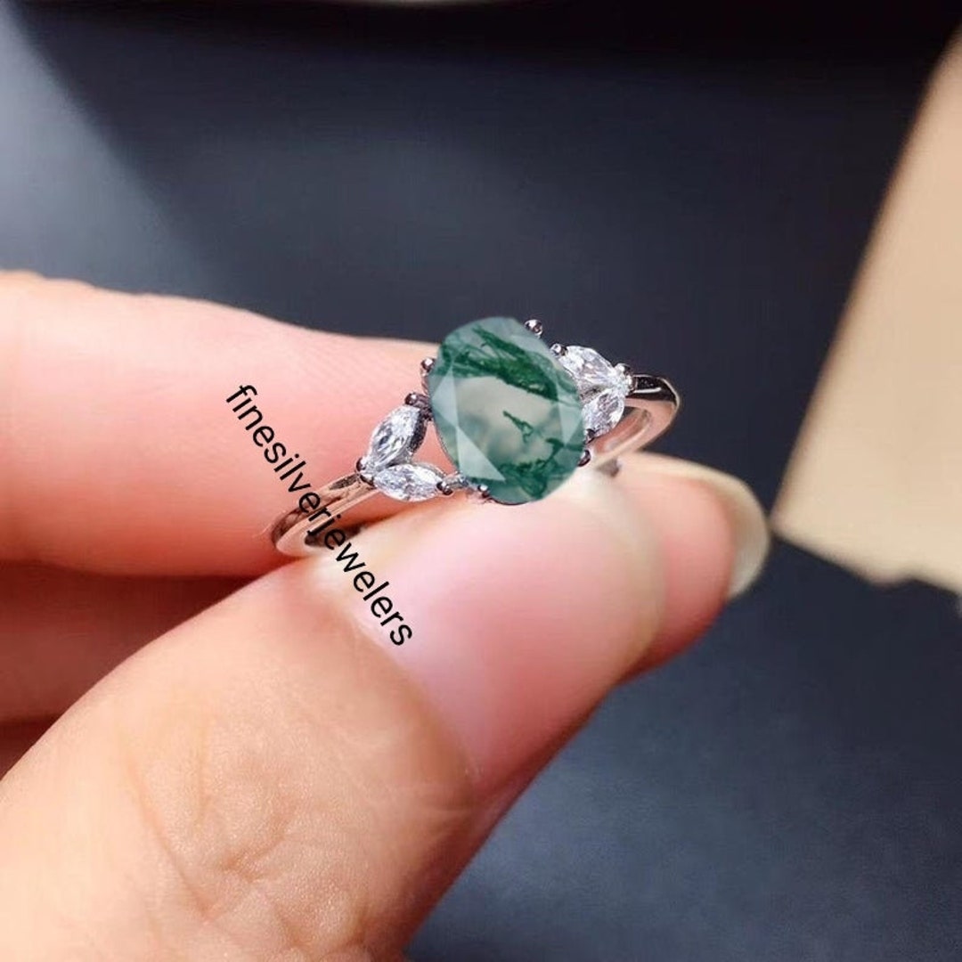 Minimalist Bridal Ring Green Moss Agate Ring Vintage Dainty Solitaire ...