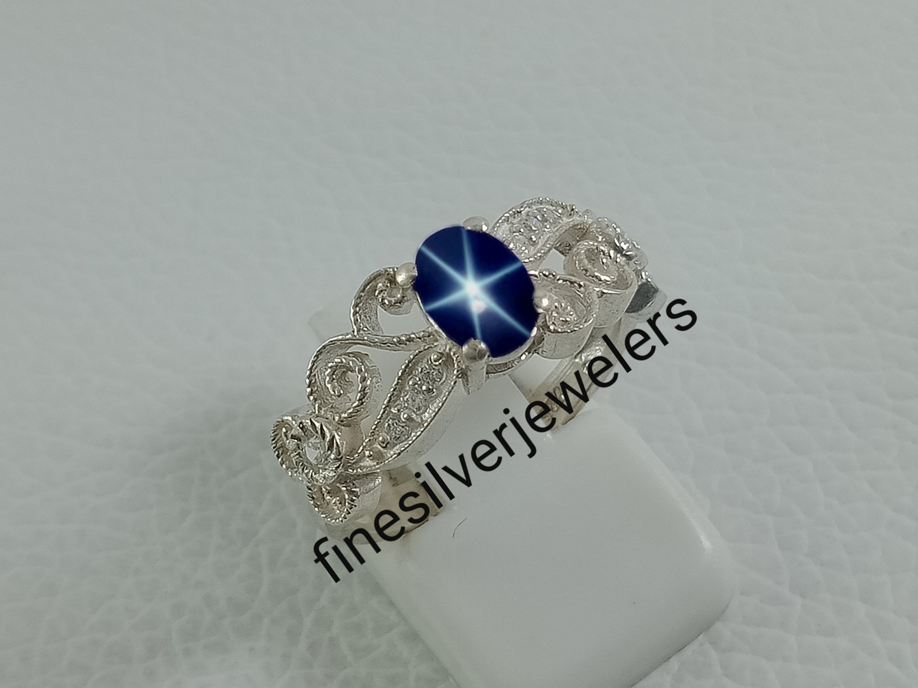 Genuine 6 Ray Blue Sapphire Star Ring 925 Sterling Silver Ring - Etsy