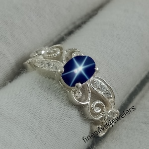 Genuine 6 Ray Blue Sapphire Star Ring 925 Sterling Silver Ring Blue ...