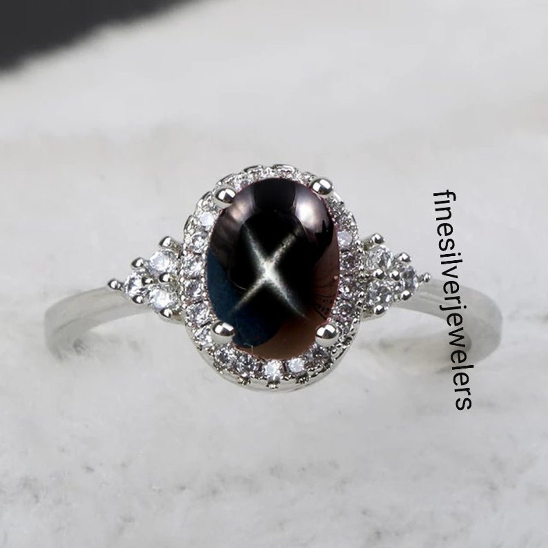 Black Star Sapphire Ring Engagement Ring 925 Sterling Silver Black Star ...