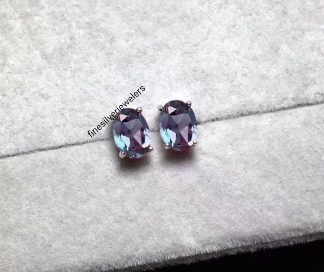 Alexandrite Studs Earrings in 925 Sterling Silver- Lab Alexandite Studs ...
