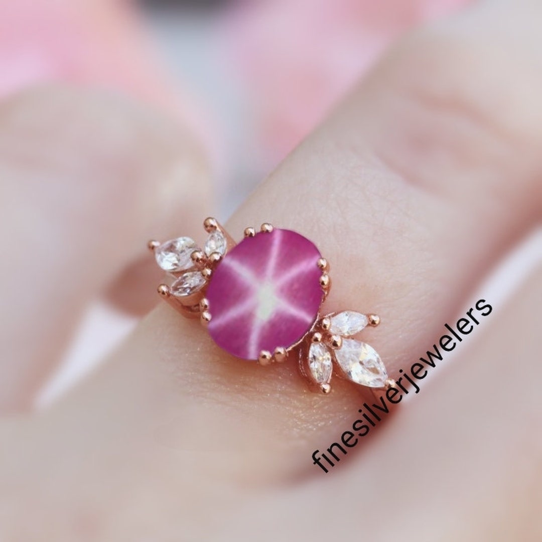 Elegant Pink Star Ruby Ring, Sterling Silver Engagement Rings for Women ...