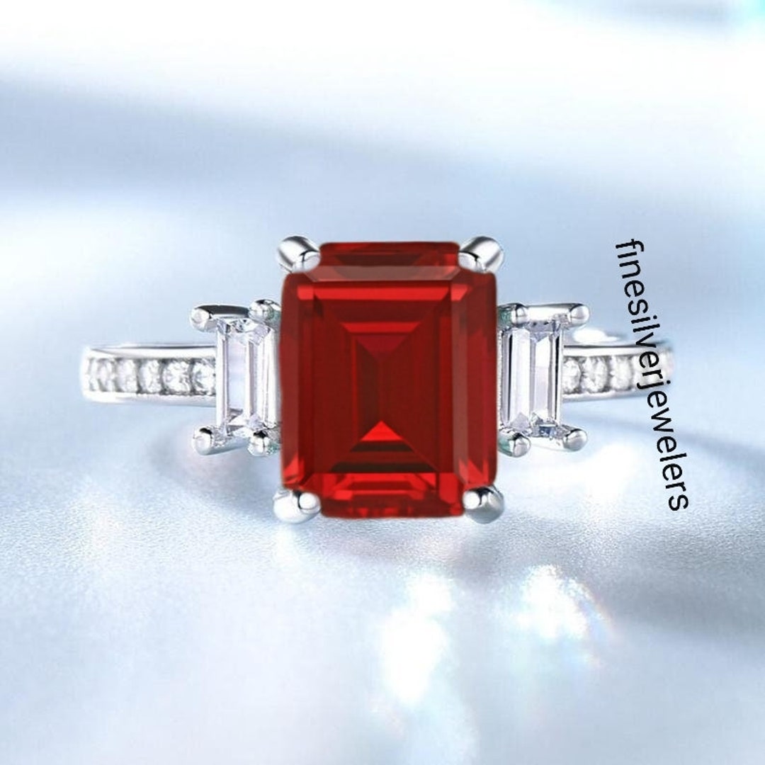 Vintage Lab Ruby Ring, Emerald Cut Engagement Ring, Red Gemstone Ring ...