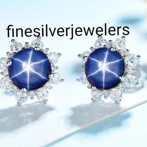 Round Blue Star Sapphire Earrings Dainty Lindy Star Studs - Etsy
