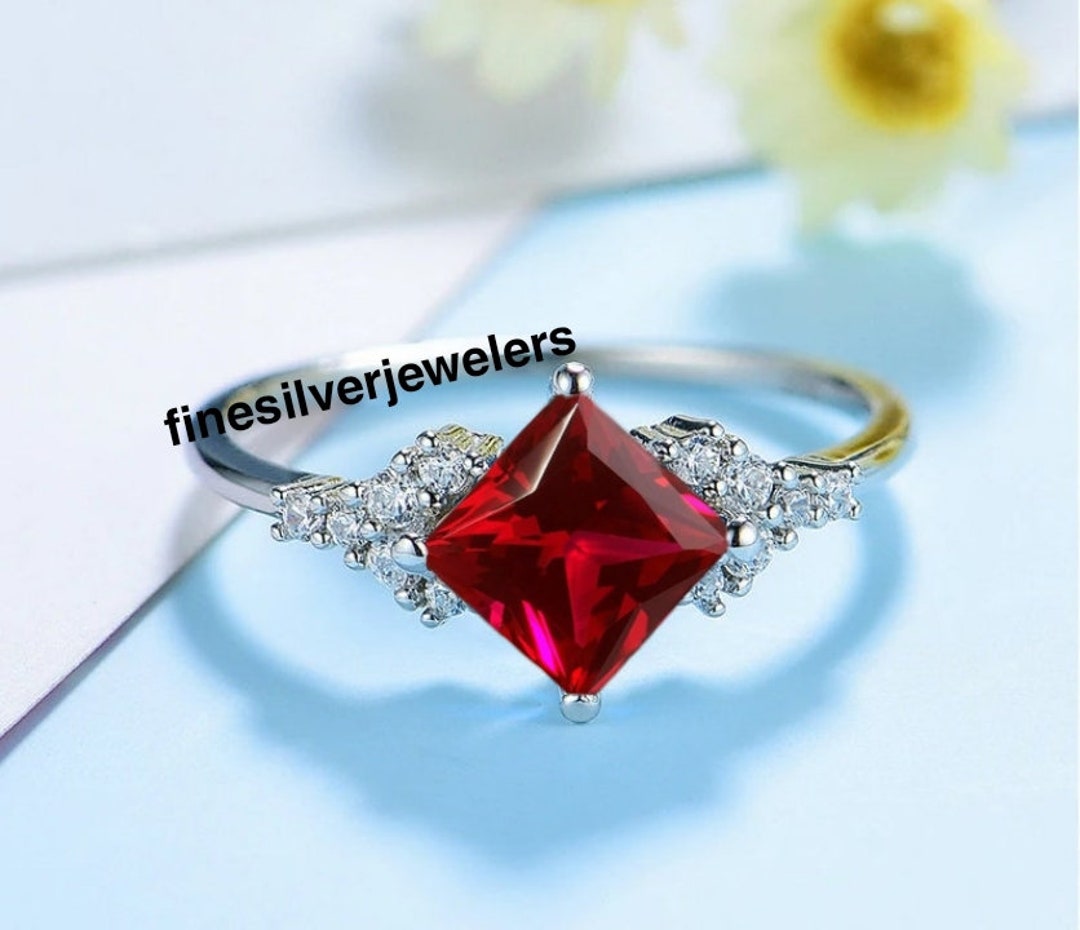 Princess Cut Ruby Engagement Ring, July Birthstone Promise Ring Silver ...