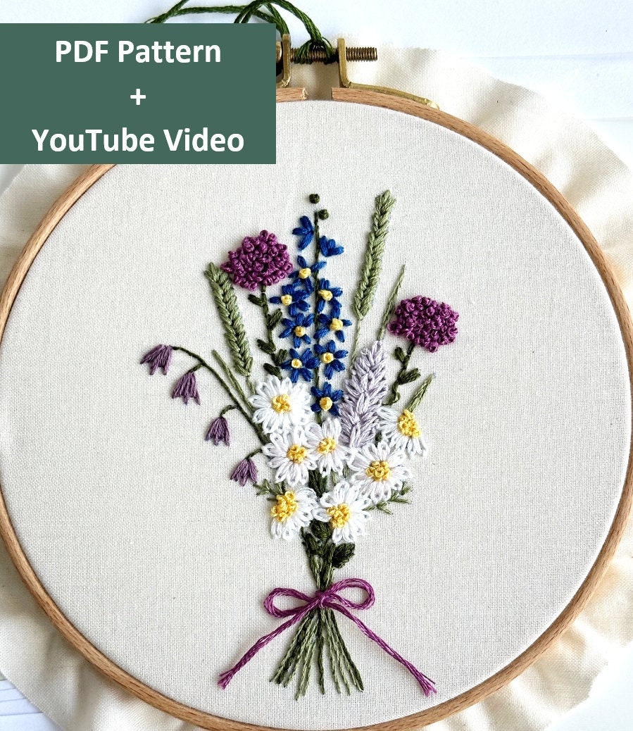 Wildflowers Bouquet Embroidery Pattern, Meadow Flowers and Herbs ...