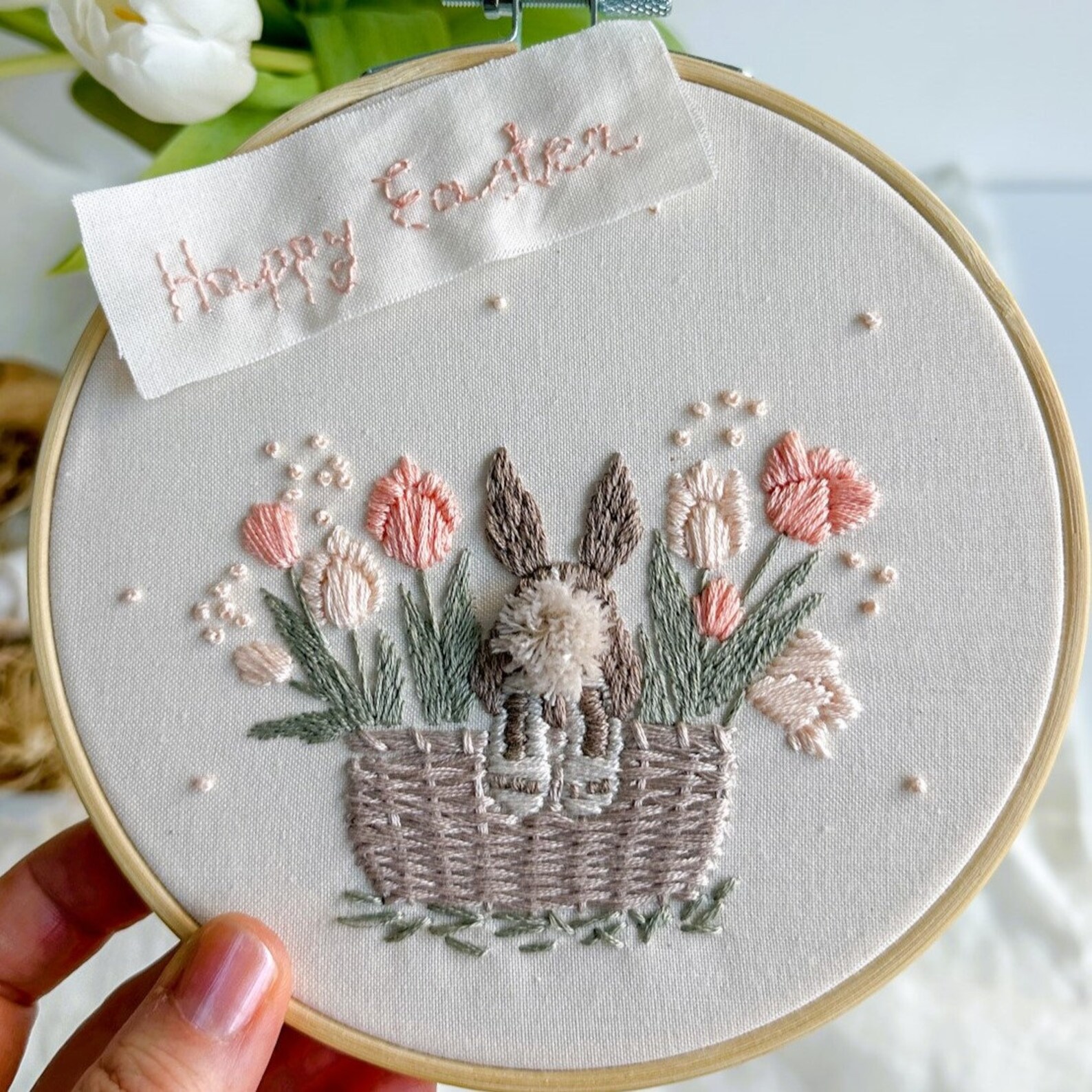 Easter Embroidery Pattern Rabbit in a Tulip Basket Embroidery Design ...