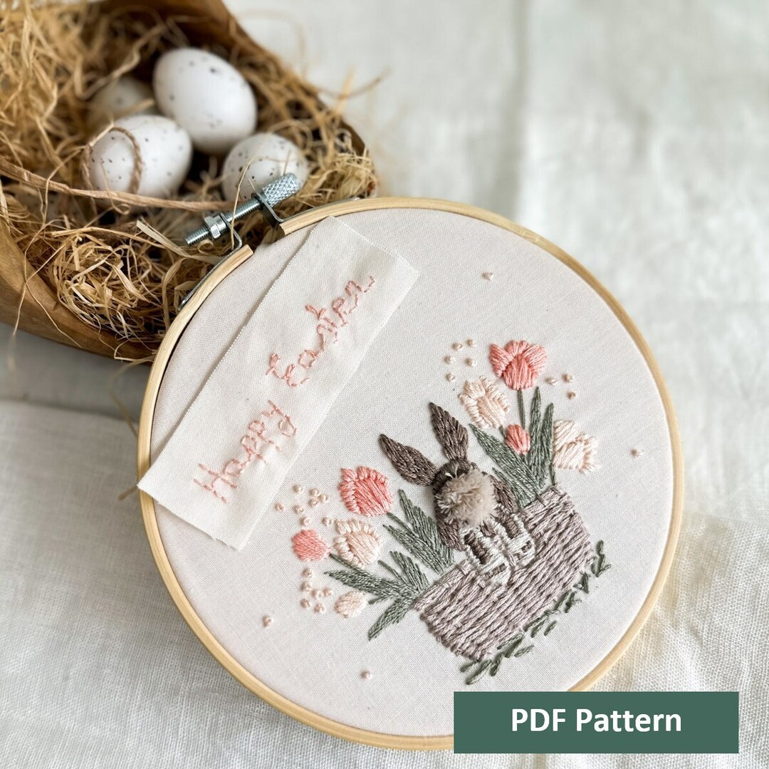 Easter Embroidery Pattern Rabbit in a Tulip Basket Embroidery Design ...