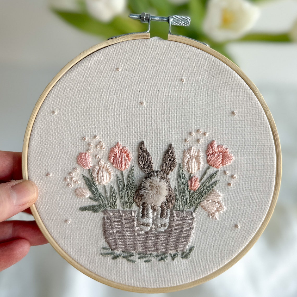 Easter Embroidery Pattern Rabbit in a Tulip Basket Embroidery Design ...