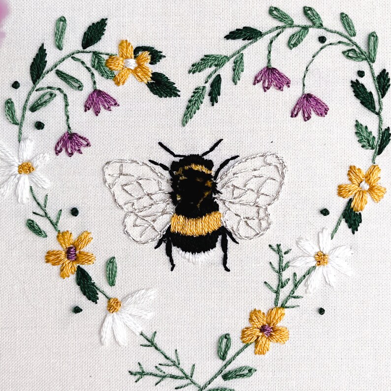 Bee Embroidery Pattern Beginner PDF Queen Bee in Heart Bloom ...
