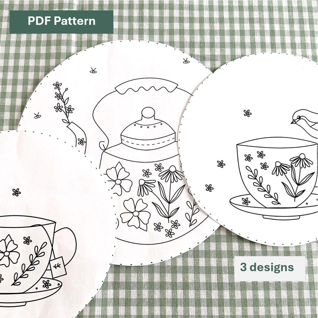 Tea Party Embroidery Pattern Trio Tea Kettle With Tea Cups Embroidery ...