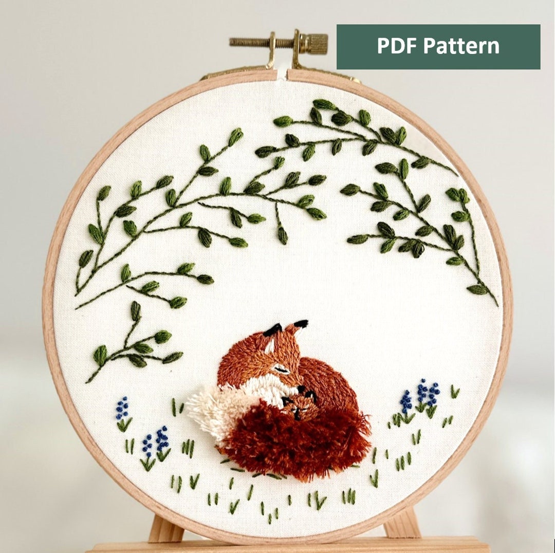 Sleeping Fox Embroidery Pattern PDF Sleepy Mama Fox and Little Cub Embroidery Design Woodland ...