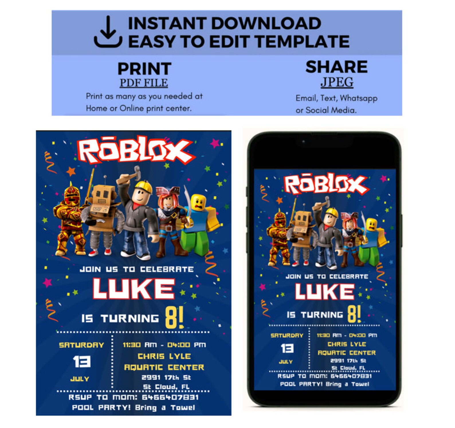 Roblox Invitation, Roblox Invite, Roblox Boys Birthday Invitation ...