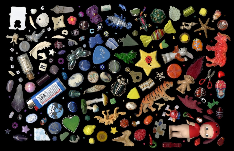 Trinket Collection Collage; I-spy Themed Print 10inx16in; Rainbow ...