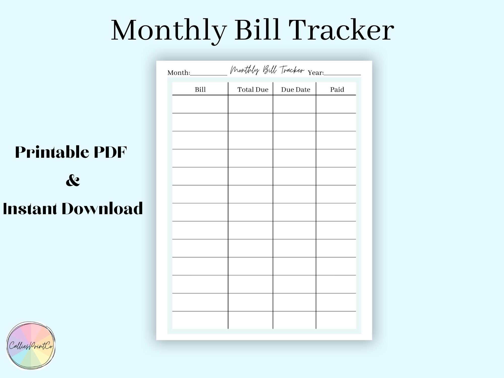 Monthly Bill Tracker|bill Payment Chart|organized Finances|printable ...
