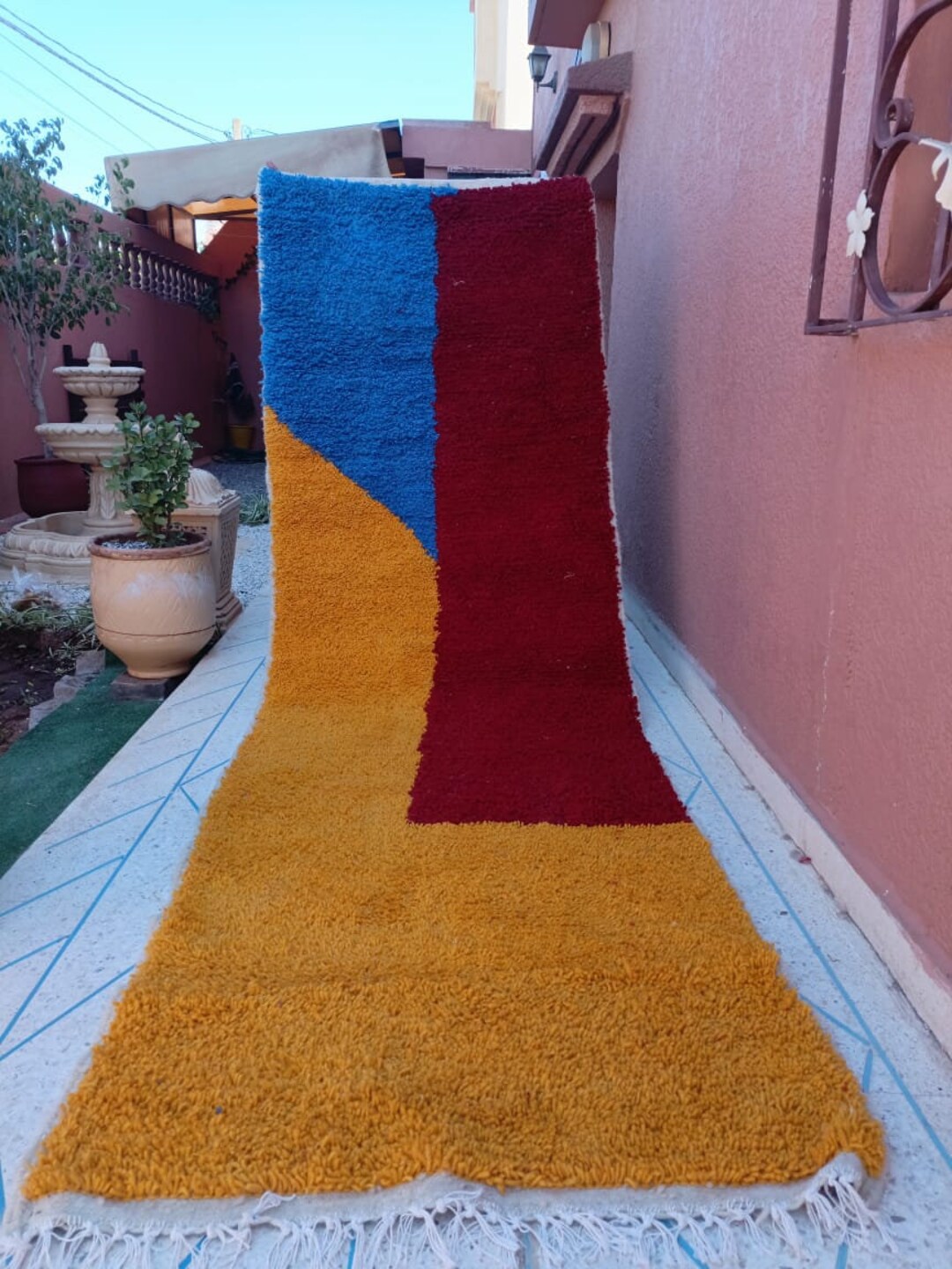 Blue and Yellow Moroccan Runner Stunning Carpet Colorful Rug Handmade ...